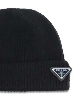 Prada Beanie Hat With Logo - Black