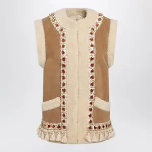 Valentino Garavani Camel Shearling And Suede Vest - Cream