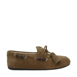 Miu Miu Suede Deck Loafers With Tassels And Logo - Brown