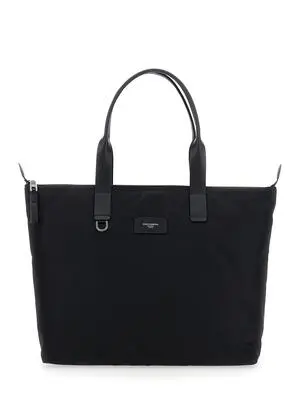 Dolce & Gabbana Tote Bag In Tech Fabric With Logo Plaque - Black