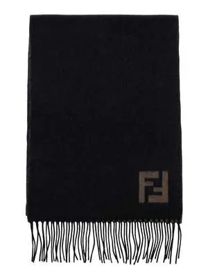Fendi Fringed Edge Scarf With Ff Embroidery On Front In Wool And Cashmere For - Black