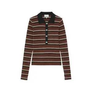 GANNI Striped Ribbed Knit Polo Top - Brown