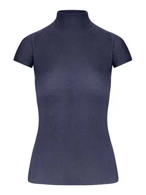 Giorgio Armani English Ribbed Viscose Turtleneck Top With Short Sleeves - Blue