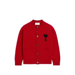 AMI Paris Wool De Coeur Intarsia-knitted Cardigan - Red