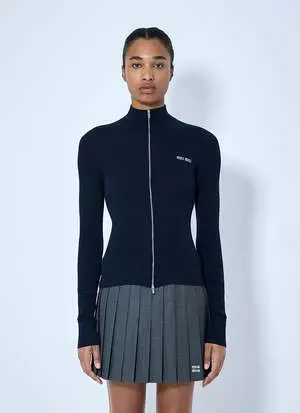 Miu Miu Ribbed-knit Logo-embroidered Cardigan - Blue
