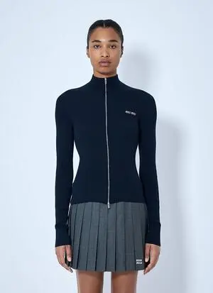 Miu Miu Ribbed-knit Logo-embroidered Cardigan - Blue