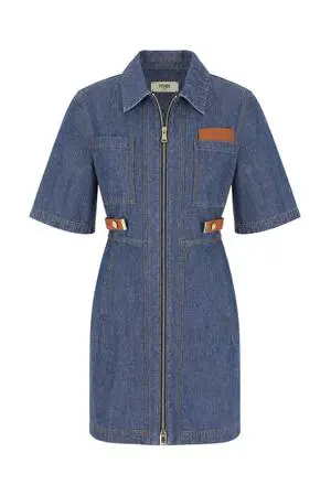 Fendi Denim Dress With Zip Closure And Logo Details - Multicolor