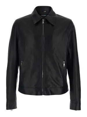 Dolce & Gabbana Black Jacket With Classic Collar And Logo Patch On The Back In Leather For - Multicolor