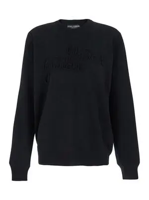 Dolce & Gabbana Crew Neck Sweater With Logo Lettering On The Front In Black Wool For - Multicolor