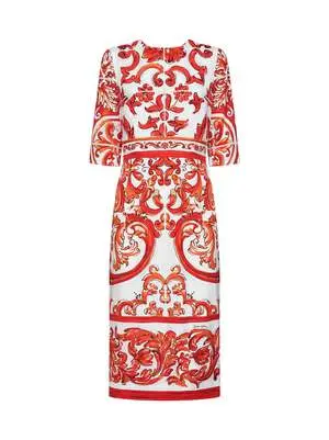 Dolce & Gabbana Orange Maiolica-print Stretch Silk Charmeuse Midi Dress - Multicolor