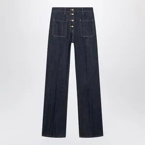 Valentino Garavani Valentino Cotton Denim Pants With Logo Buttons, Medium Blue Women Blue