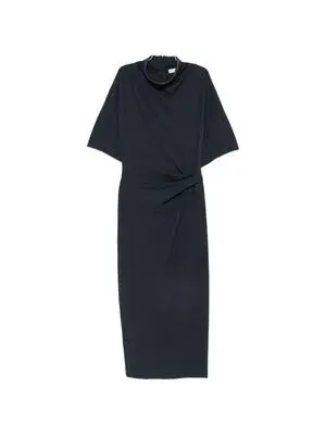 Brunello Cucinelli High Neck Twisted Waist Short Sleeve Dress - Multicolor
