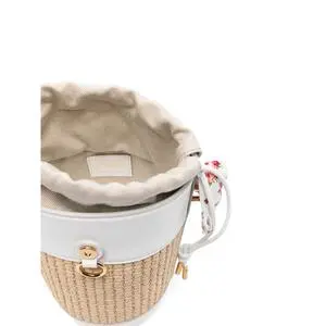 Dolce & Gabbana Floral Print Raffia And Leather Bucket Bag - Cream