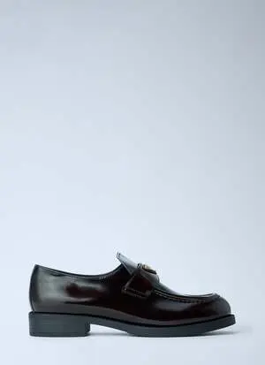 Prada Leather Loafers With Logo Plaque - Brown