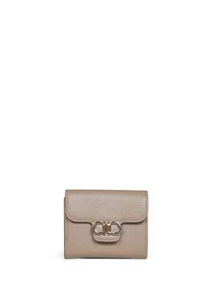 FERRAGAMO Warm Taupe Hammered Calfskin Leather Gancini Compact Wallet - Multicolor