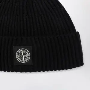 Stone Island Navy Wool Beanie With Compass Patch - Blue