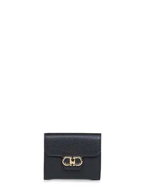 FERRAGAMO Black Hammered Calfskin Leather Gancini Compact Wallet - Multicolor