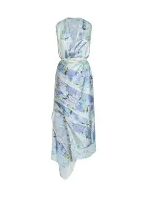 MAISON MARGIELA Light Blue Floral Silk Wrap Midi Dress - Multicolor