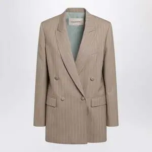 Valentino Garavani Double-breasted Pinstripe Jacket In Mud/ivory Virgin Wool - Cream