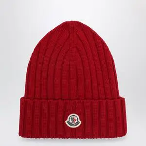 Moncler Cable-knit Wool Beanie With Logo In Burgundy - Red