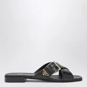 Prada Leather Slider Sandals With Buckle - Black