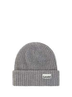 GANNI Ribbed Knit Wool Beanie - Gray