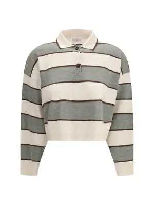 Brunello Cucinelli Polo Crop In Sparkling Stripes Knit - Multicolor