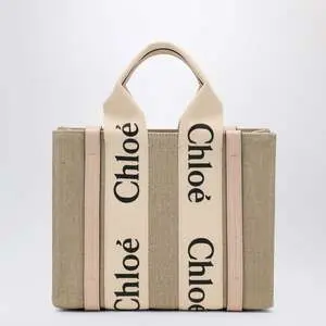 Chloé Woody Little Bag In Beige Canvas - Pink