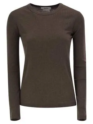 Max Mara Mxmsalmone Ribbed Lyocell And Silk T-shirt - Brown