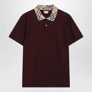 Burberry Cotton Polo Shirt With Check Collar In Vineyard - Red