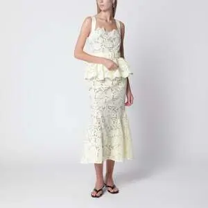 SELF-PORTRAIT Peplum Midi Lace Dress - Yellow