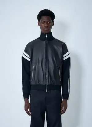 WALES BONNER Leather Logo Motif Bomber Jacket - Black