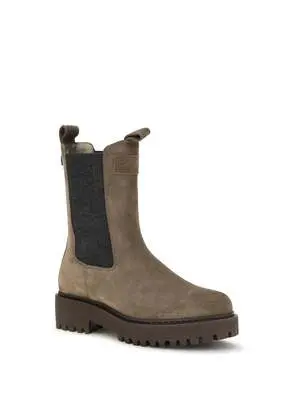 Brunello Cucinelli Suede Ankle Boots With Knit Insert And Precious Loop Detail
