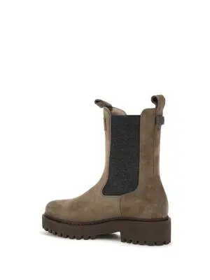 Brunello Cucinelli Suede Ankle Boots With Knit Insert And Precious Loop Detail