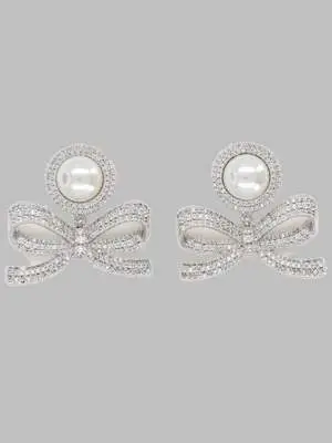 SELF-PORTRAIT Crystal Bow And Pearl Drop Earrings - Silver