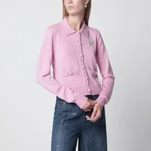 SELF-PORTRAIT Wool Knit Cardigan With Floral Embroidery - Pink
