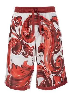 Dolce & Gabbana Bordeaux Bermuda Shorts With Elasticated Waist And Drawstring And All-over Maiolica Print In Silk For - Multicolor