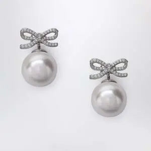 SELF-PORTRAIT Crystal Bow Pearl Earrings - Silver