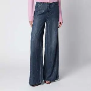 SELF-PORTRAIT Wide-leg Denim Jeans With Rhinestone Stripes - Blue