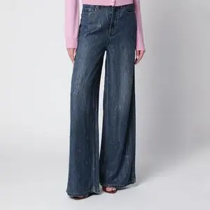 SELF-PORTRAIT Wide-leg Denim Jeans With Rhinestone Stripes - Blue