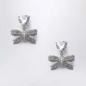 SELF-PORTRAIT Heart Drop Earrings With Crystal Bow - Silver
