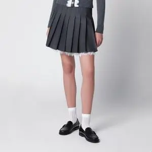 SELF-PORTRAIT Pleated Wool Mini Skirt With Lace Trim In Grey - Gray