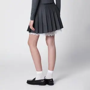 SELF-PORTRAIT Pleated Wool Mini Skirt With Lace Trim - Gray