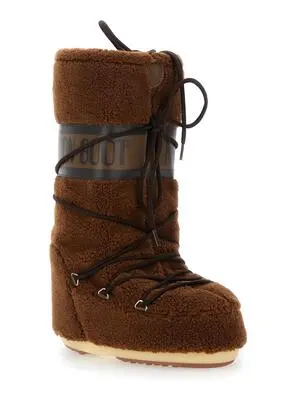 Moon Boot Icon' Brown Snow Boots With Maxi Logo Print On The Side In Fleece - Multicolor