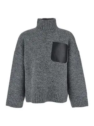 JW Anderson Grey Sweater With High Neck And One Front Patch Leather Pocket In Wool Blend - Multicolor