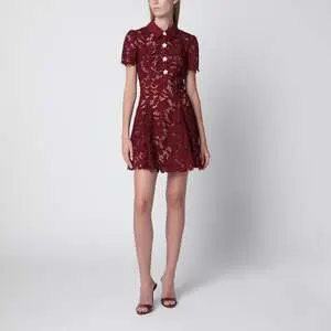 SELF-PORTRAIT Lace Mini Dress With Floral Buttons In Burgundy - Red