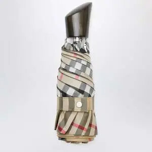 Burberry Foldable Check Umbrella In Polyester, Sand - Cream