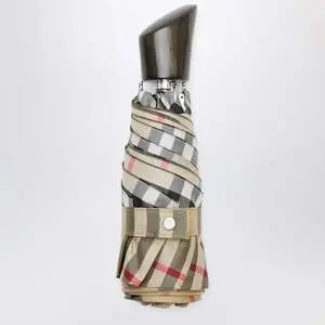 Burberry Foldable Check Umbrella In Polyester, Sand - Cream