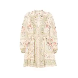 Zimmermann Linen Floral Print V-neck Day Dress - Cream