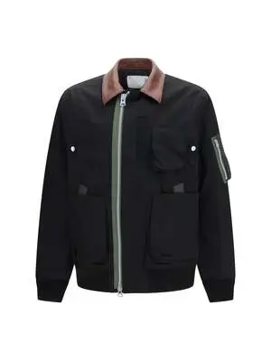 Sacai Cotton Bomber Jacket With Leather Details - Black